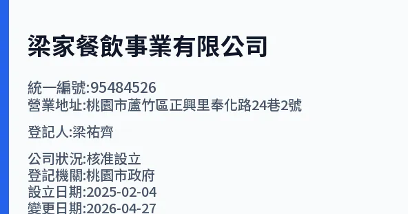 梁家餐飲事業有限公司的照片-統編 95484526(桃園市) 公司登記資料與營業項目詳細圖表