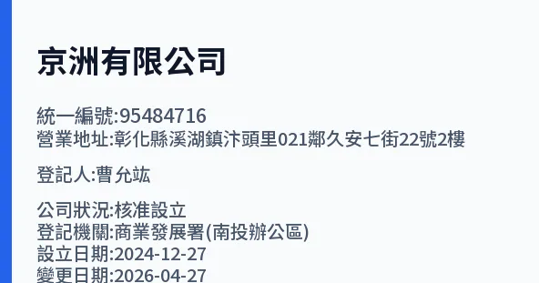 京洲有限公司的照片-統編 95484716(彰化縣) 公司登記資料與營業項目詳細圖表
