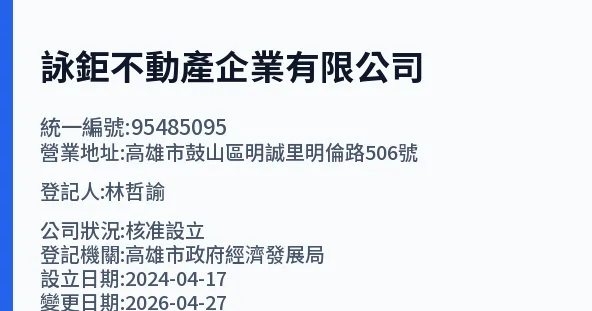 詠鉅不動產企業有限公司的照片-統編 95485095(高雄市) 公司登記資料與營業項目詳細圖表