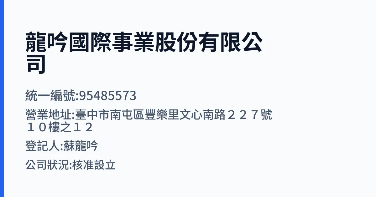龍吟國際事業股份有限公司 - 統編 95485573(臺中市) 公司登記資料與營業項目詳細圖表