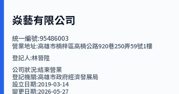 焱藝有限公司的照片-統編 95486003(高雄市) 公司登記資料與營業項目詳細圖表