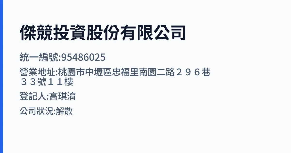 傑競投資股份有限公司 - 統編 95486025(桃園市) 公司登記資料與營業項目詳細圖表