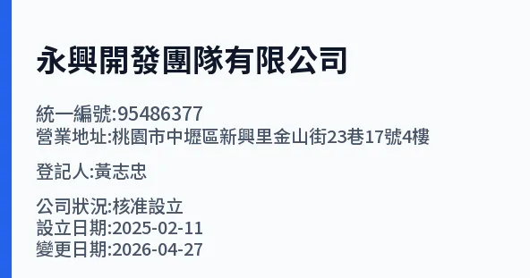 永興開發團隊有限公司的照片-統編 95486377(桃園市) 公司登記資料與營業項目詳細圖表