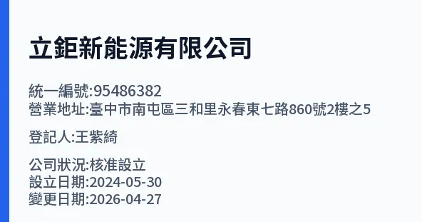 立鉅新能源有限公司的照片-統編 95486382(臺中市) 公司登記資料與營業項目詳細圖表