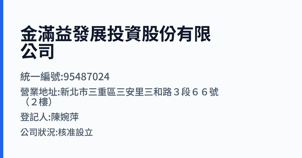 金滿益發展投資股份有限公司 - 統編 95487024（新北市） 公司登記資料與營業項目詳細圖表