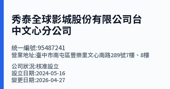 秀泰全球影城股份有限公司台中文心分公司的照片-統編 95487241(臺中市) 公司登記資料與營業項目詳細圖表