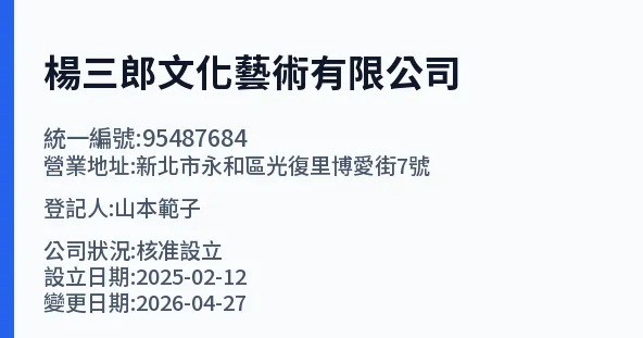 楊三郎文化藝術有限公司的照片-統編 95487684(新北市) 公司登記資料與營業項目詳細圖表