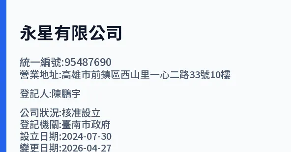 永星有限公司的照片-統編 95487690(高雄市) 公司登記資料與營業項目詳細圖表