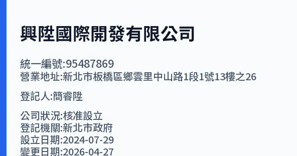 興陞國際開發有限公司的照片-統編 95487869(新北市) 公司登記資料與營業項目詳細圖表