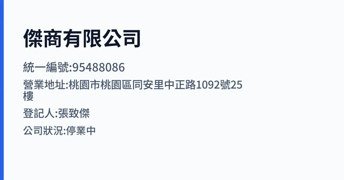 傑商有限公司 - 統編 95488086(桃園市) 公司登記資料與營業項目詳細圖表