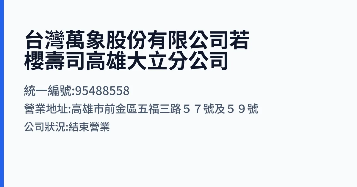 台灣萬象股份有限公司若櫻壽司高雄大立分公司 - 統編 95488558(高雄市) 公司登記資料與營業項目詳細圖表