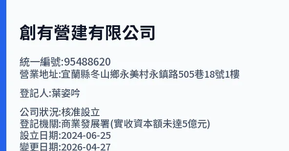 創有營建有限公司的照片-統編 95488620(宜蘭縣) 公司登記資料與營業項目詳細圖表