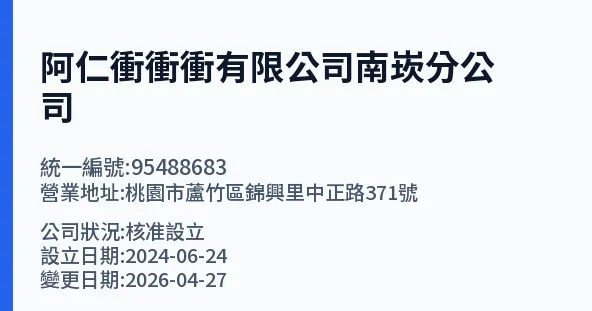 阿仁衝衝衝有限公司南崁分公司的照片-統編 95488683(桃園市) 公司登記資料與營業項目詳細圖表