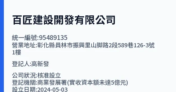 百匠建設開發有限公司的照片-統編 95489135(彰化縣) 公司登記資料與營業項目詳細圖表