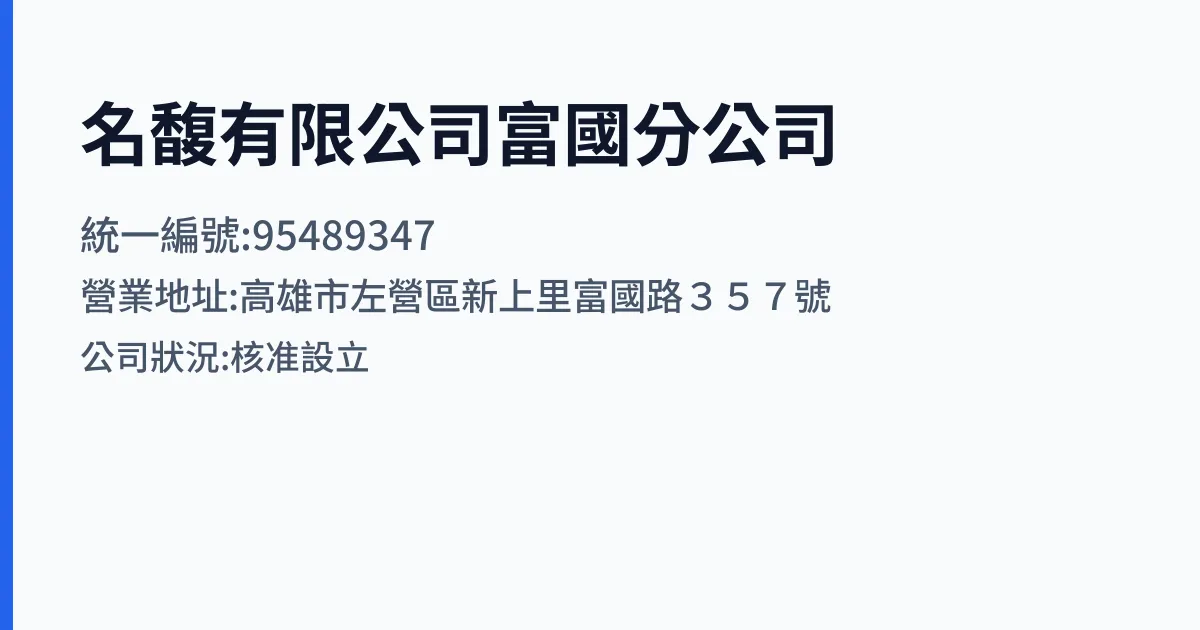 名馥有限公司富國分公司 - 統編 95489347(高雄市) 公司登記資料與營業項目詳細圖表