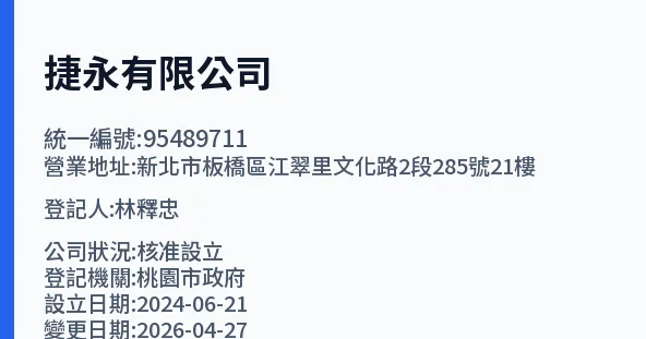 捷永有限公司的照片-統編 95489711(新北市) 公司登記資料與營業項目詳細圖表