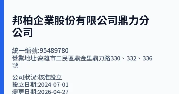 邦柏企業股份有限公司鼎力分公司的照片-統編 95489780(高雄市) 公司登記資料與營業項目詳細圖表
