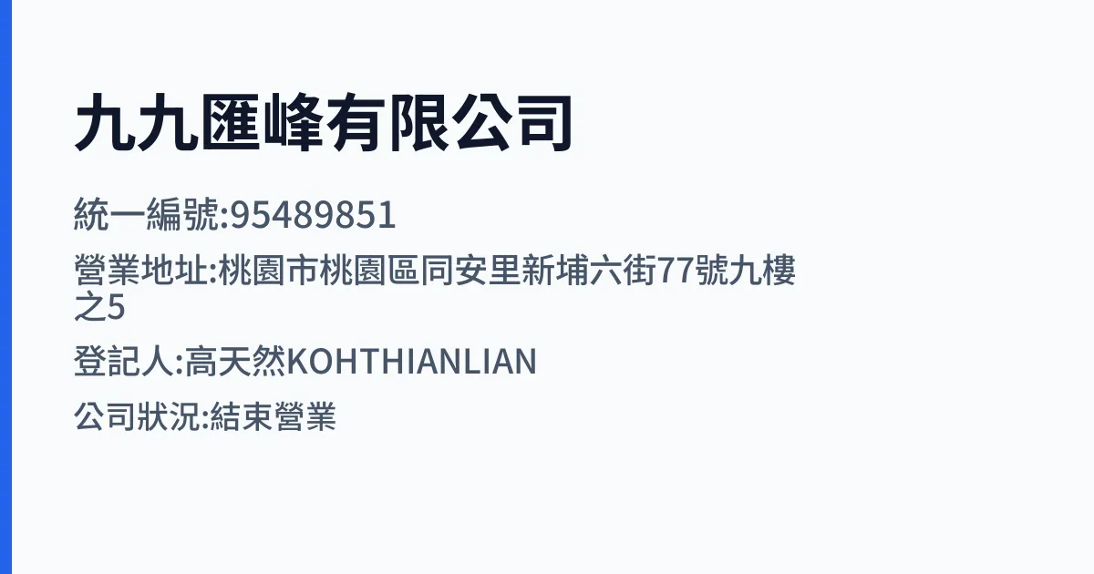 九九匯峰有限公司 - 統編 95489851(桃園市) 公司登記資料與營業項目詳細圖表
