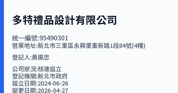 多特禮品設計有限公司的照片-統編 95490301(新北市) 公司登記資料與營業項目詳細圖表