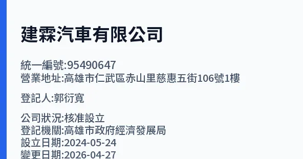 建霖汽車有限公司的照片-統編 95490647(高雄市) 公司登記資料與營業項目詳細圖表