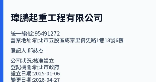 瑋鵬起重工程有限公司的照片-統編 95491272(新北市) 公司登記資料與營業項目詳細圖表