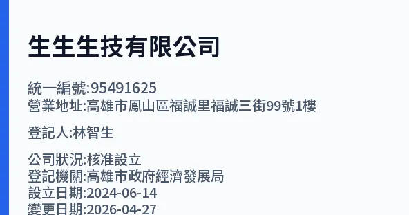 生生生技有限公司的照片-統編 95491625(高雄市) 公司登記資料與營業項目詳細圖表