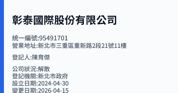 彰泰國際股份有限公司的照片-統編 95491701(新北市) 公司登記資料與營業項目詳細圖表