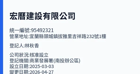 宏曆建設有限公司的照片-統編 95492321(宜蘭縣) 公司登記資料與營業項目詳細圖表