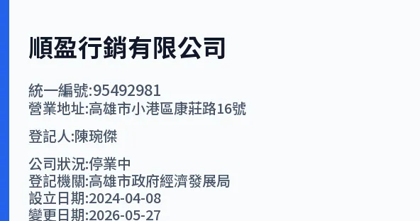 順盈行銷有限公司的照片-統編 95492981(高雄市) 公司登記資料與營業項目詳細圖表