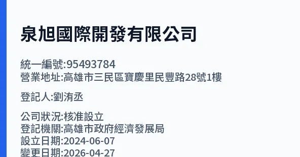 泉旭國際開發有限公司的照片-統編 95493784(高雄市) 公司登記資料與營業項目詳細圖表