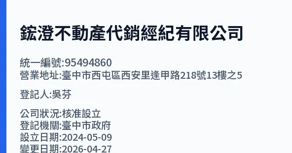 鋐澄不動產代銷經紀有限公司的照片-統編 95494860(臺中市) 公司登記資料與營業項目詳細圖表