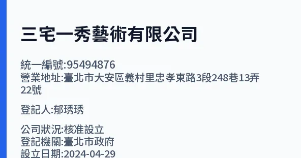 三宅一秀藝術有限公司的照片-統編 95494876(臺北市) 公司登記資料與營業項目詳細圖表