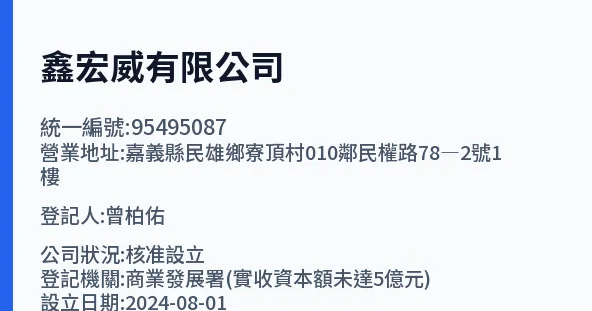 鑫宏威有限公司的照片-統編 95495087(嘉義縣) 公司登記資料與營業項目詳細圖表