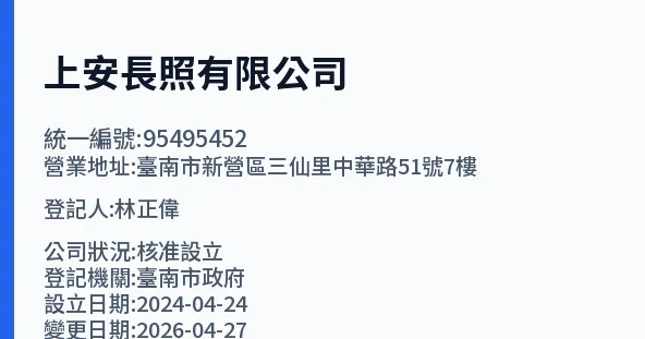 上安長照有限公司的照片-統編 95495452(臺南市) 公司登記資料與營業項目詳細圖表