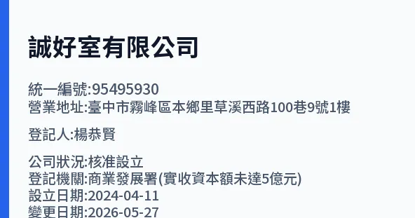 誠好室有限公司的照片-統編 95495930(臺中市) 公司登記資料與營業項目詳細圖表