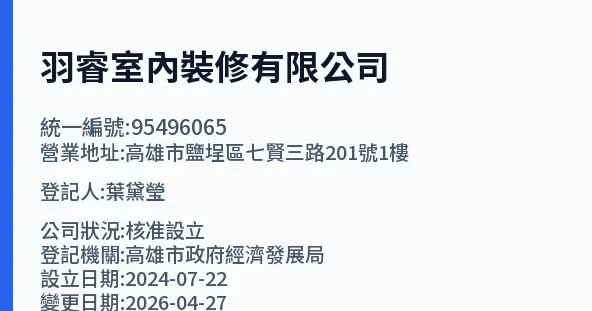 羽睿室內裝修有限公司的照片-統編 95496065(高雄市) 公司登記資料與營業項目詳細圖表