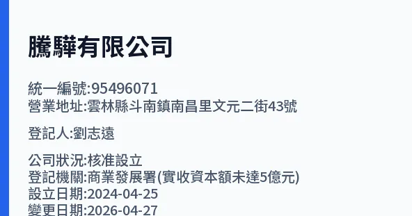 騰驊有限公司的照片-統編 95496071(雲林縣) 公司登記資料與營業項目詳細圖表