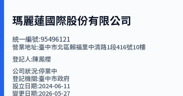 瑪麗蓮國際股份有限公司的照片-統編 95496121(臺中市) 公司登記資料與營業項目詳細圖表
