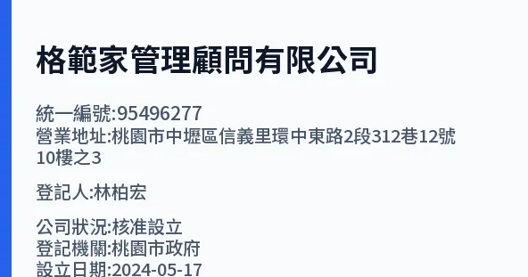 格範家管理顧問有限公司的照片-統編 95496277(桃園市) 公司登記資料與營業項目詳細圖表