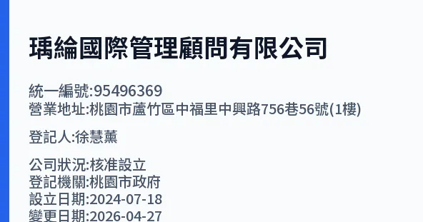 瑀綸國際管理顧問有限公司的照片-統編 95496369(桃園市) 公司登記資料與營業項目詳細圖表