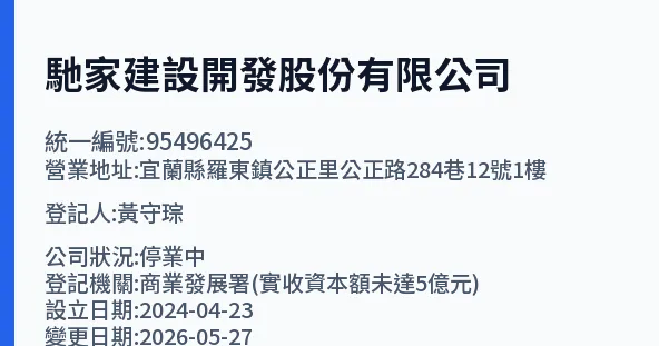 馳家建設開發股份有限公司的照片-統編 95496425(宜蘭縣) 公司登記資料與營業項目詳細圖表