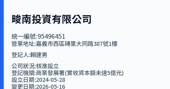 畯南投資有限公司的照片-統編 95496451(嘉義市) 公司登記資料與營業項目詳細圖表