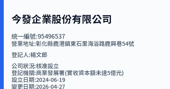 今發企業股份有限公司的照片-統編 95496537(彰化縣) 公司登記資料與營業項目詳細圖表