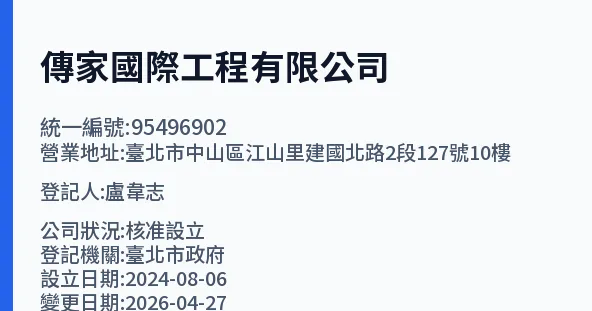 傳家國際工程有限公司的照片-統編 95496902(臺北市) 公司登記資料與營業項目詳細圖表
