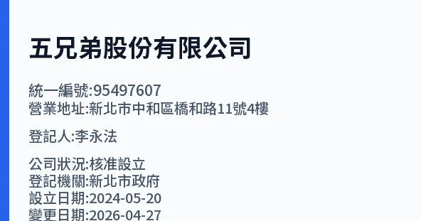五兄弟股份有限公司的照片-統編 95497607(新北市) 公司登記資料與營業項目詳細圖表
