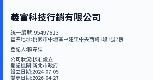 義富科技行銷有限公司的照片-統編 95497613(桃園市) 公司登記資料與營業項目詳細圖表