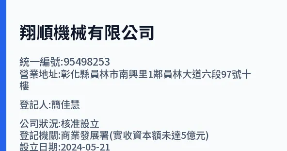 翔順機械有限公司的照片-統編 95498253(彰化縣) 公司登記資料與營業項目詳細圖表