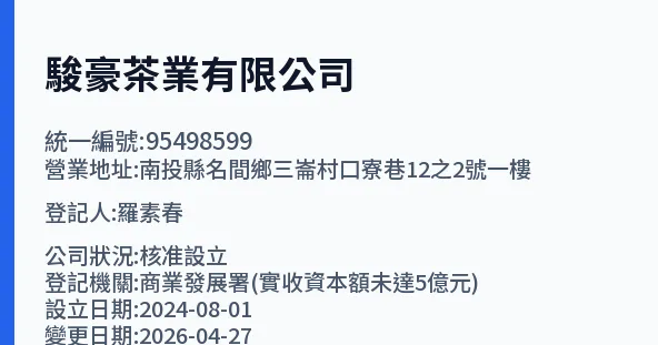 駿豪茶業有限公司的照片-統編 95498599(南投縣) 公司登記資料與營業項目詳細圖表