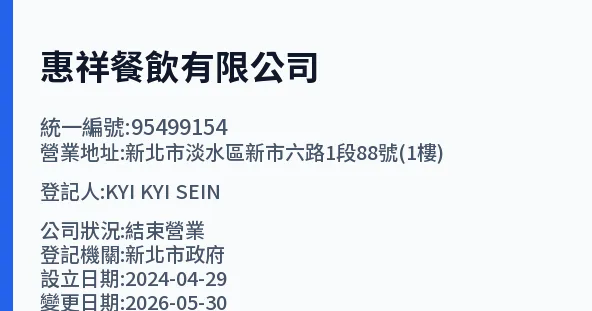 惠祥餐飲有限公司的照片-統編 95499154(新北市) 公司登記資料與營業項目詳細圖表