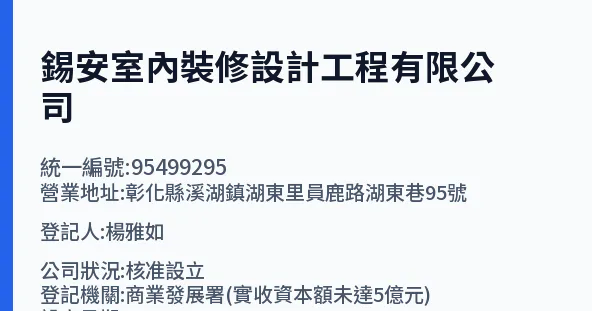 錫安室內裝修設計工程有限公司的照片-統編 95499295(彰化縣) 公司登記資料與營業項目詳細圖表